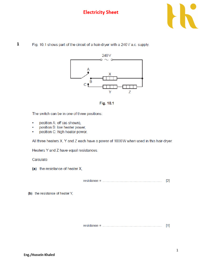Electricity Sheet-1 | PDF