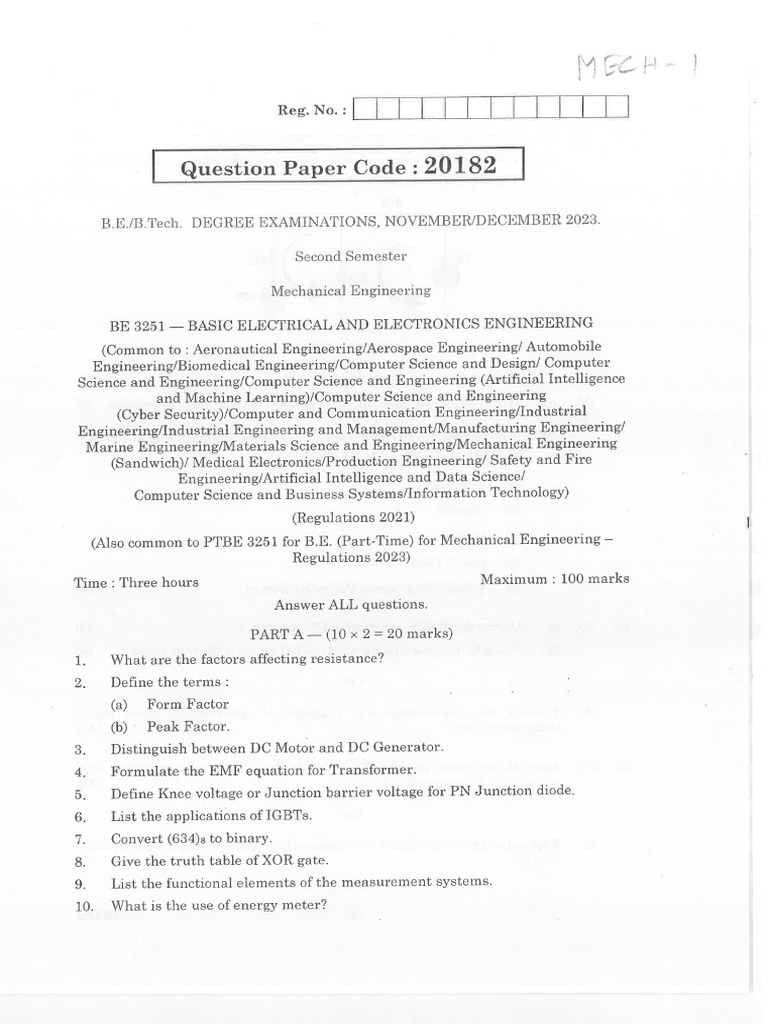 Basic Electrical and Electronics Engineering - BE3251 2021 Regulation - Semester Question Paper ...