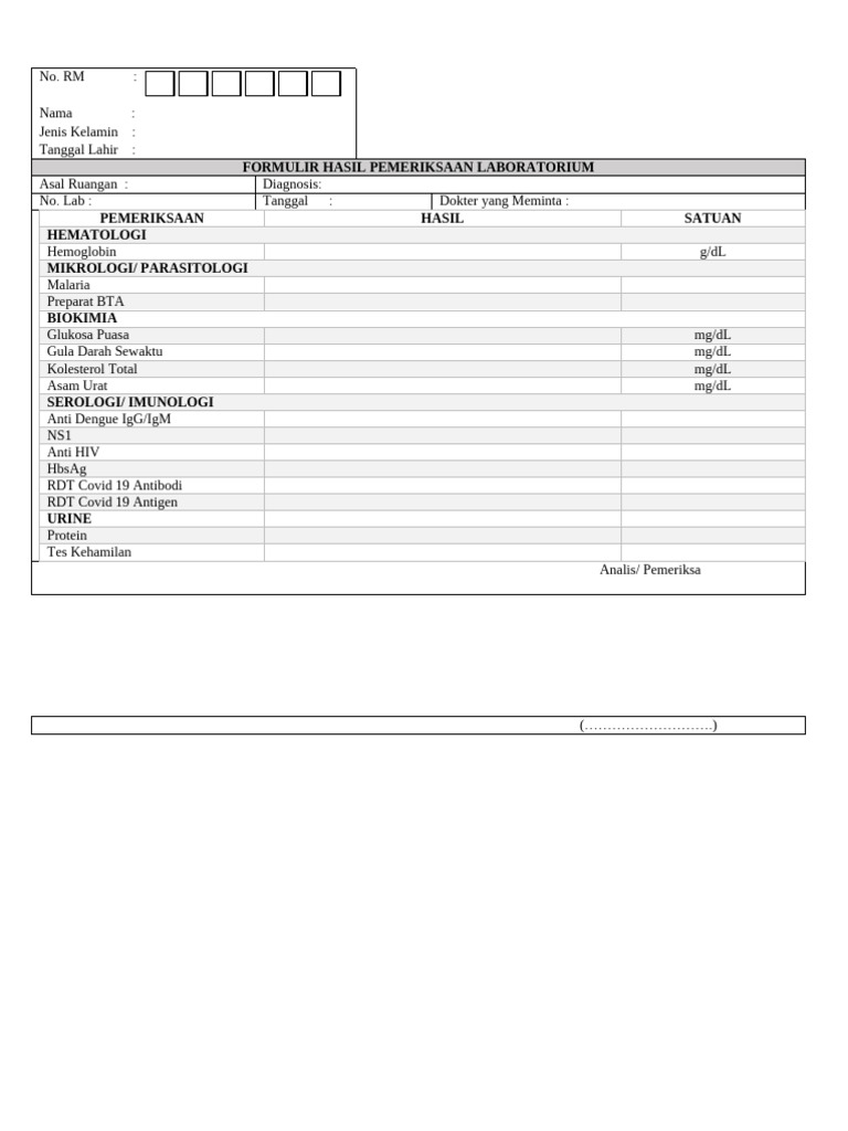 Form Hasil Pemeriksaan Laboratorium Analis | PDF