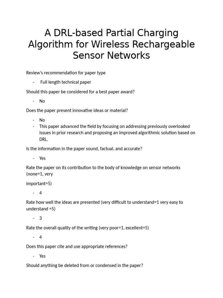 Review of A DRL-based Partial Charging Algorithm For WRSNs | PDF ...