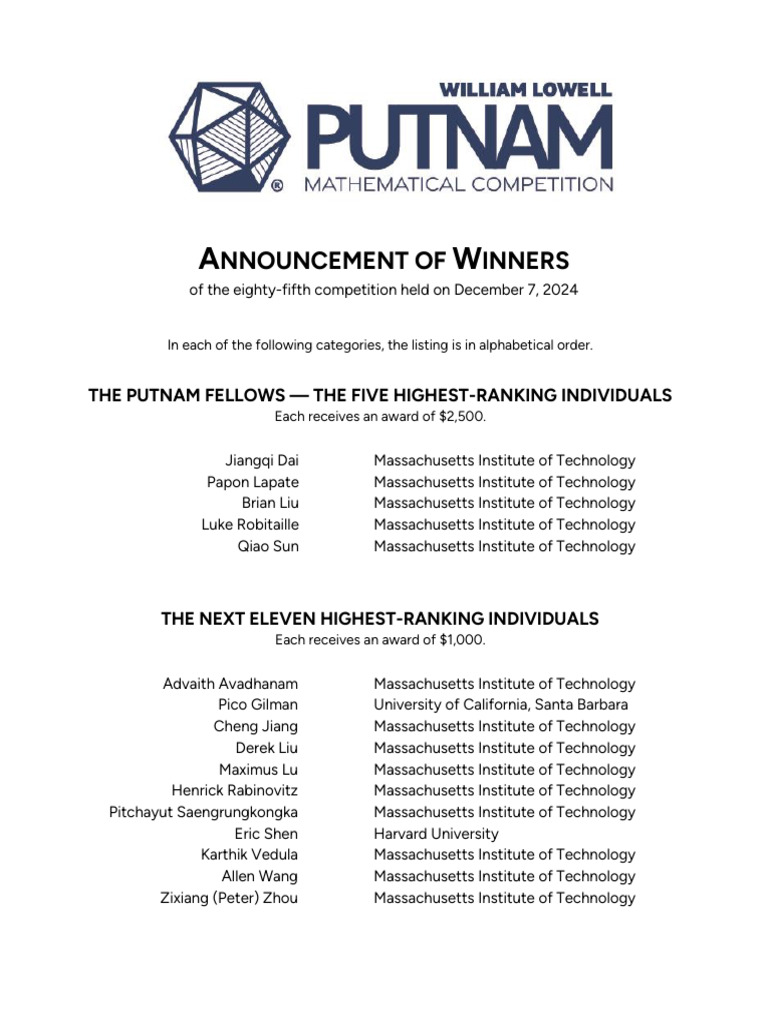2024 Putnam Competition Announcement of Winners 1 | PDF | Office ...