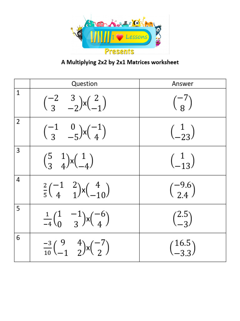 2x2 by 2x1 Worksheet1 With Answers | PDF