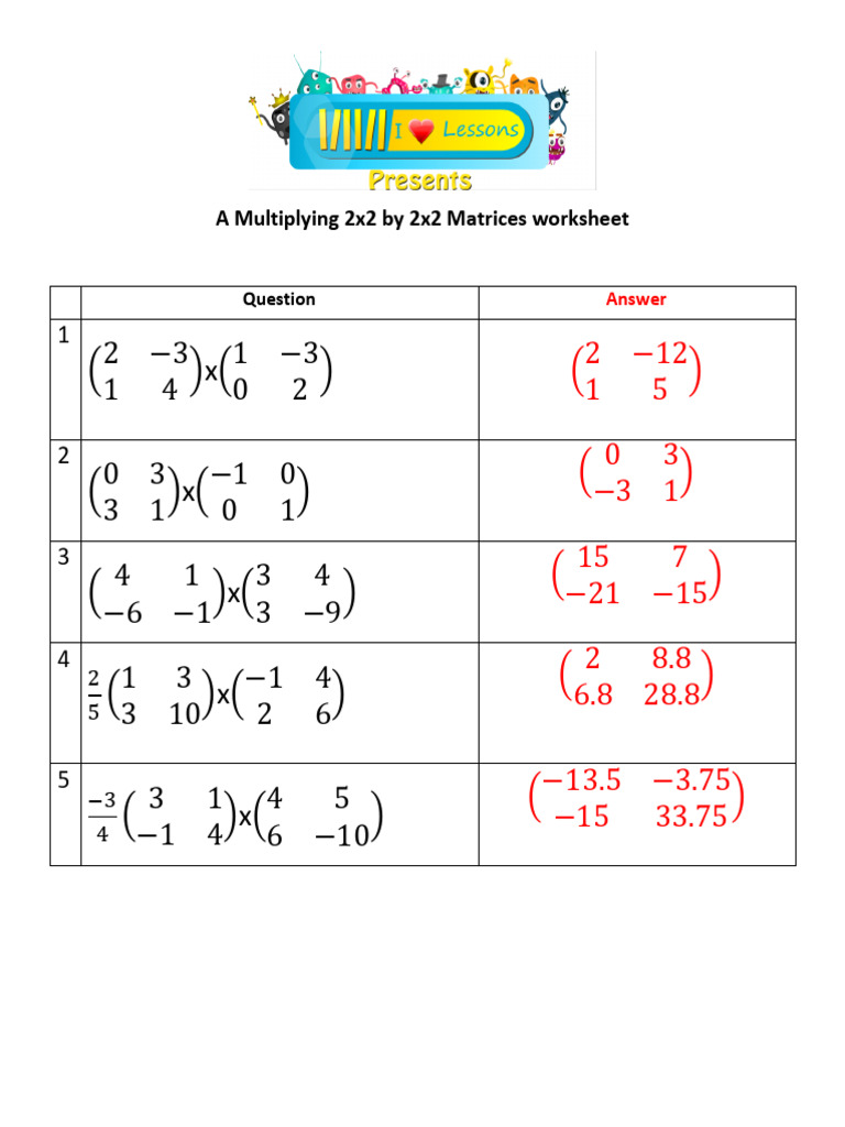 2x2 Matrix Multiplication Worksheet | PDF