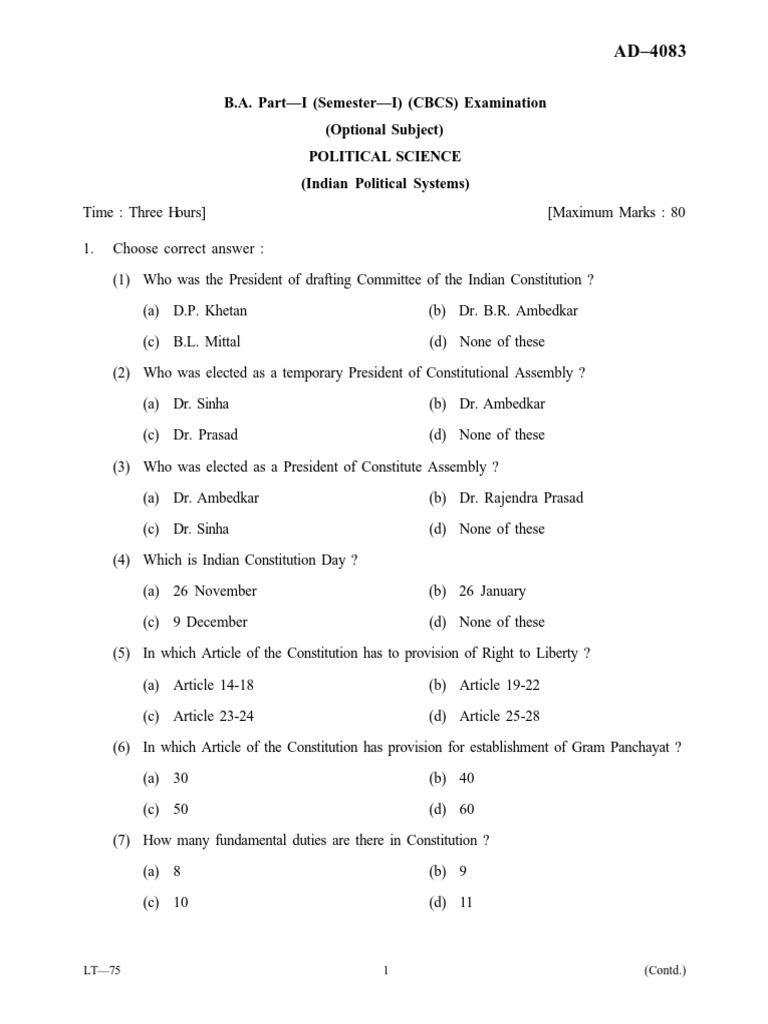 Ba 1 Sem Indian Political Systems Cbcs Ad 4083 S 2023 | PDF ...