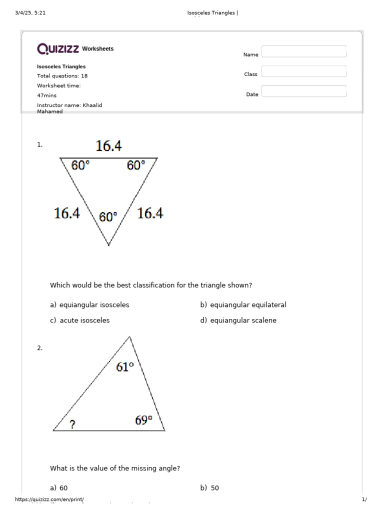 Quizizz - Isosceles Triangles | PDF | Elementary Geometry | Euclidean ...