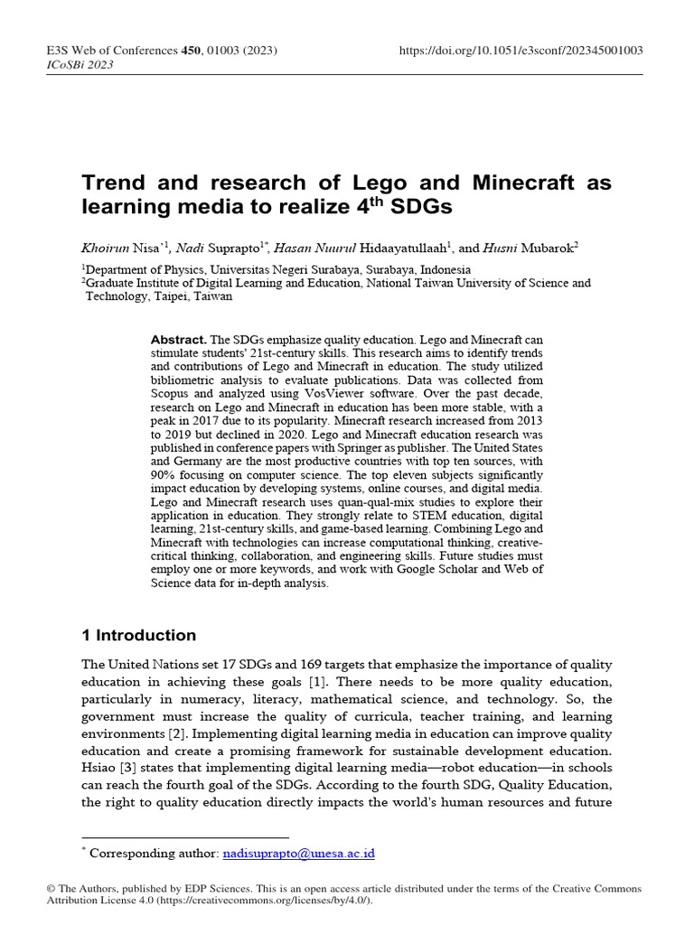 Trend and Research of Lego and Minecraft As Learning Media To Realize 4th SDGs | PDF | Computer ...