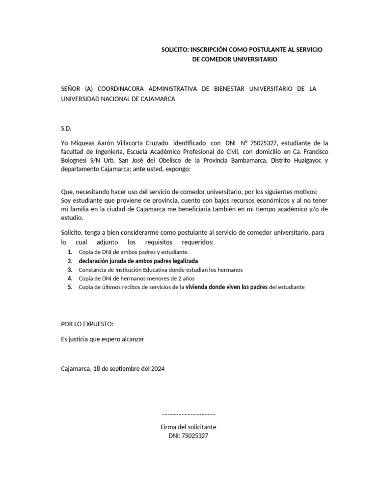SOLICITUD PARA EL SERVICIO DE COMEDOR UNIVIERSIT 2024 | PDF