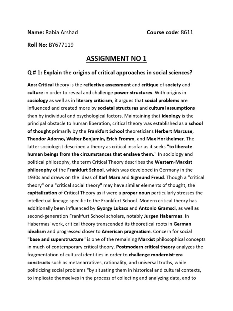 ASSIGNMENT 1 Rabia Arshad ( 8611) | PDF | Critical Theory | Liberal Arts Education
