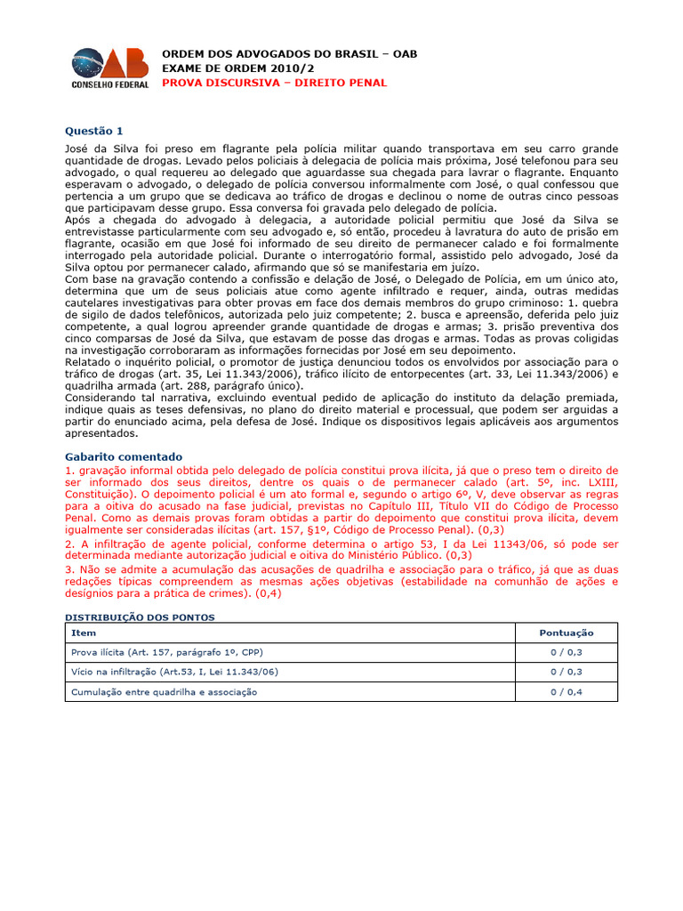 FGV 2010 Oab Exame de Ordem Unificado II Segunda Fase Direito Penal Gabarito | PDF | Advogado ...