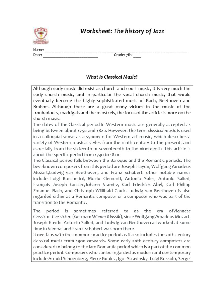 Classical Music Worksheet 7TH Grade | PDF | Classical Period (Music ...