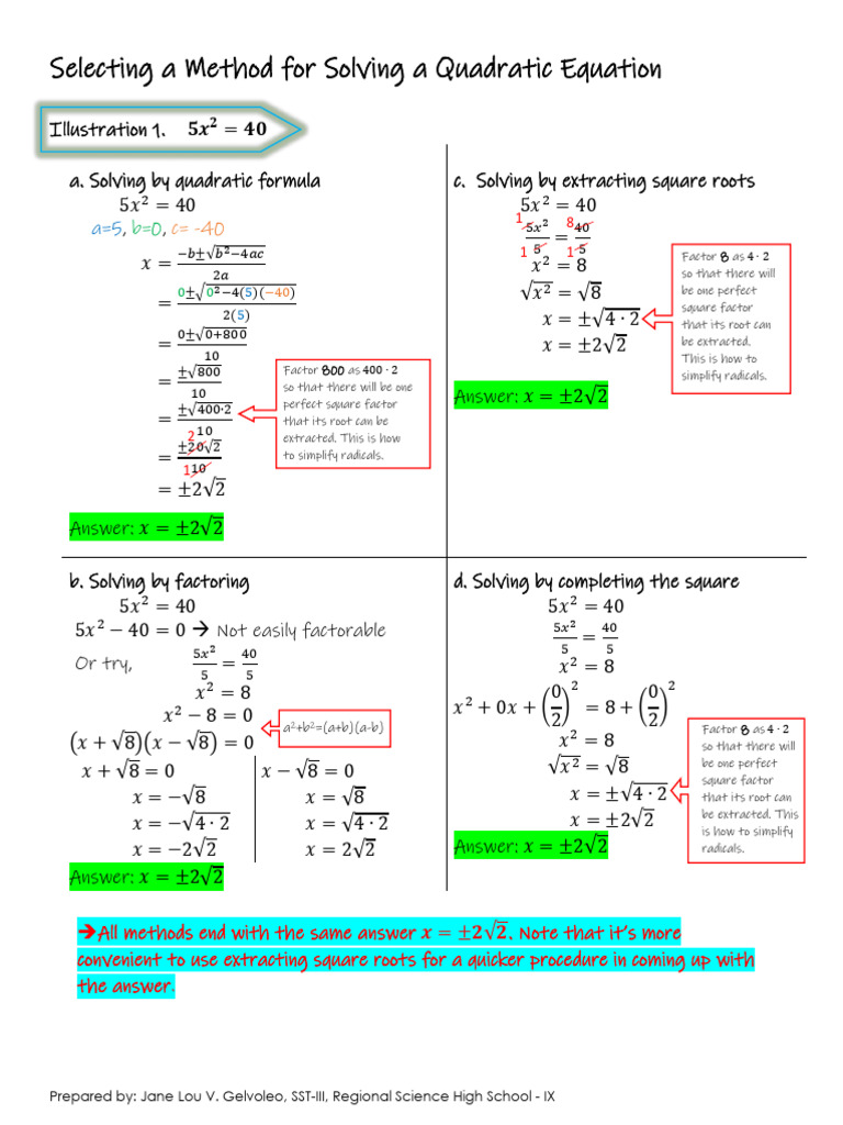G9MATHQ1W1 - 02 05 - Selecting A Method For Solving A Quadratic Equation | PDF | Quadratic ...