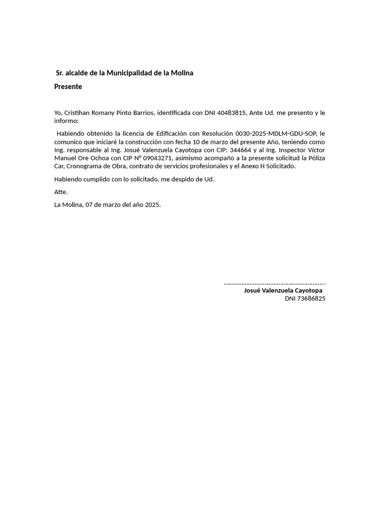 Solicitud Municipalida La Molina | PDF