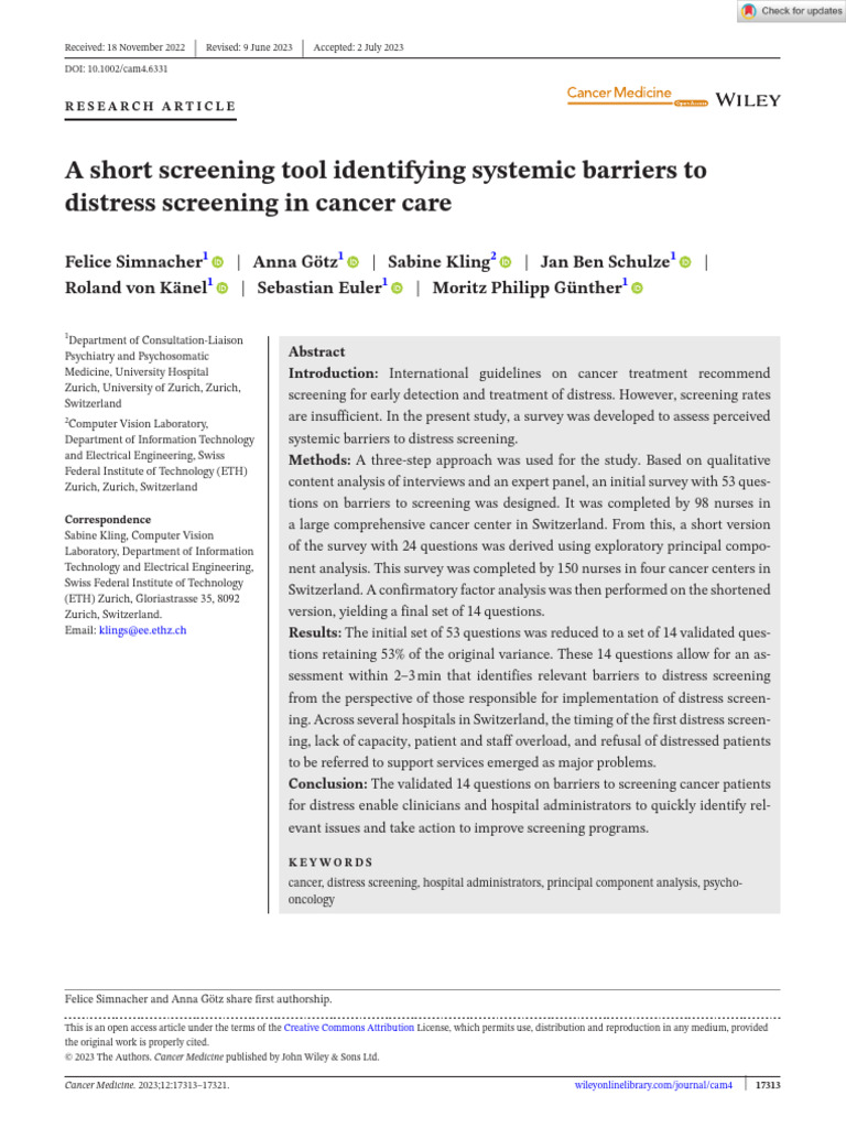 A Short Screening Tool Identifying Systemic Barriers To Distress ...
