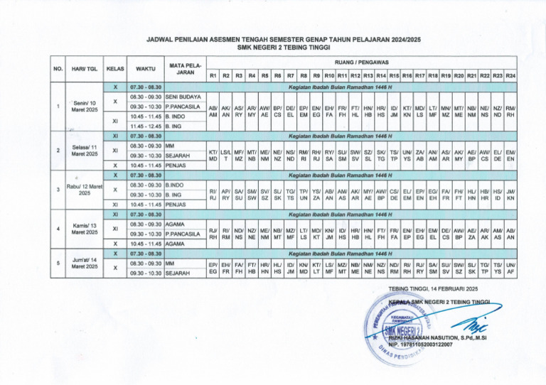 Jadwal Penilaian Asesmen Tengah Semester Genap TP.2024-2025 | PDF