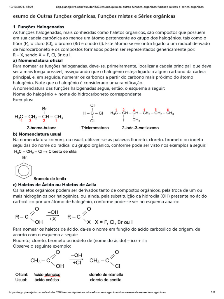 Resumo Quimica Outras Funcoes Organicas Funcoes Mistas e Series ...