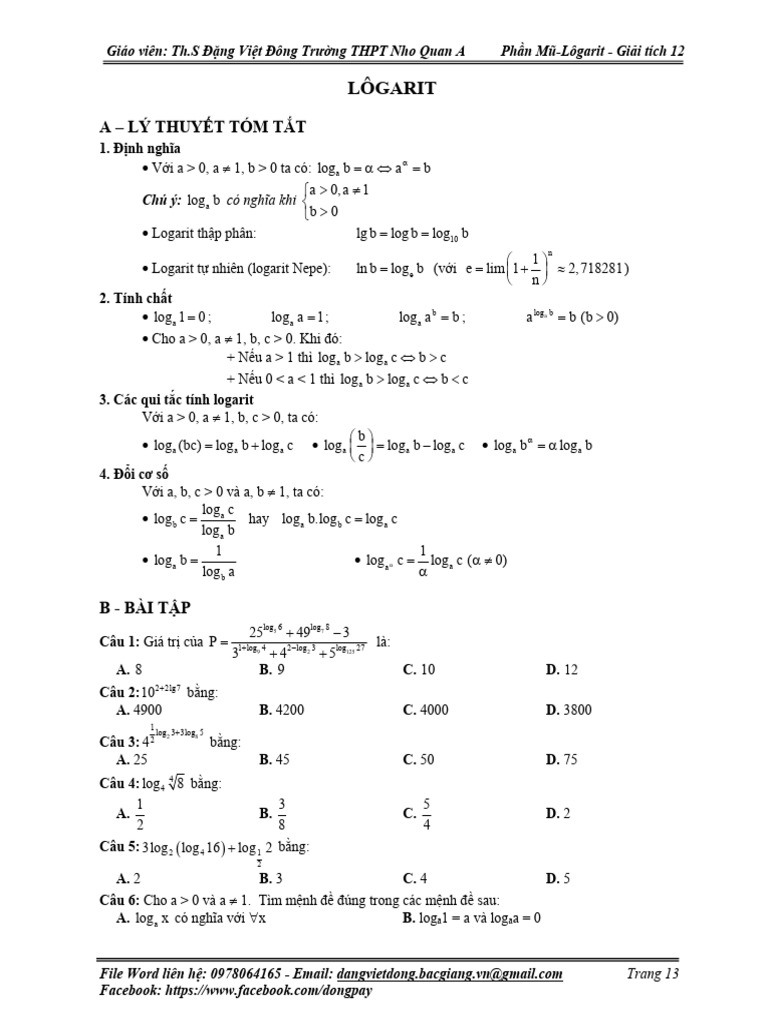 BÀI TẬP TRẮC NGHIỆM HÀM SỐ MŨ LOGARIT | PDF