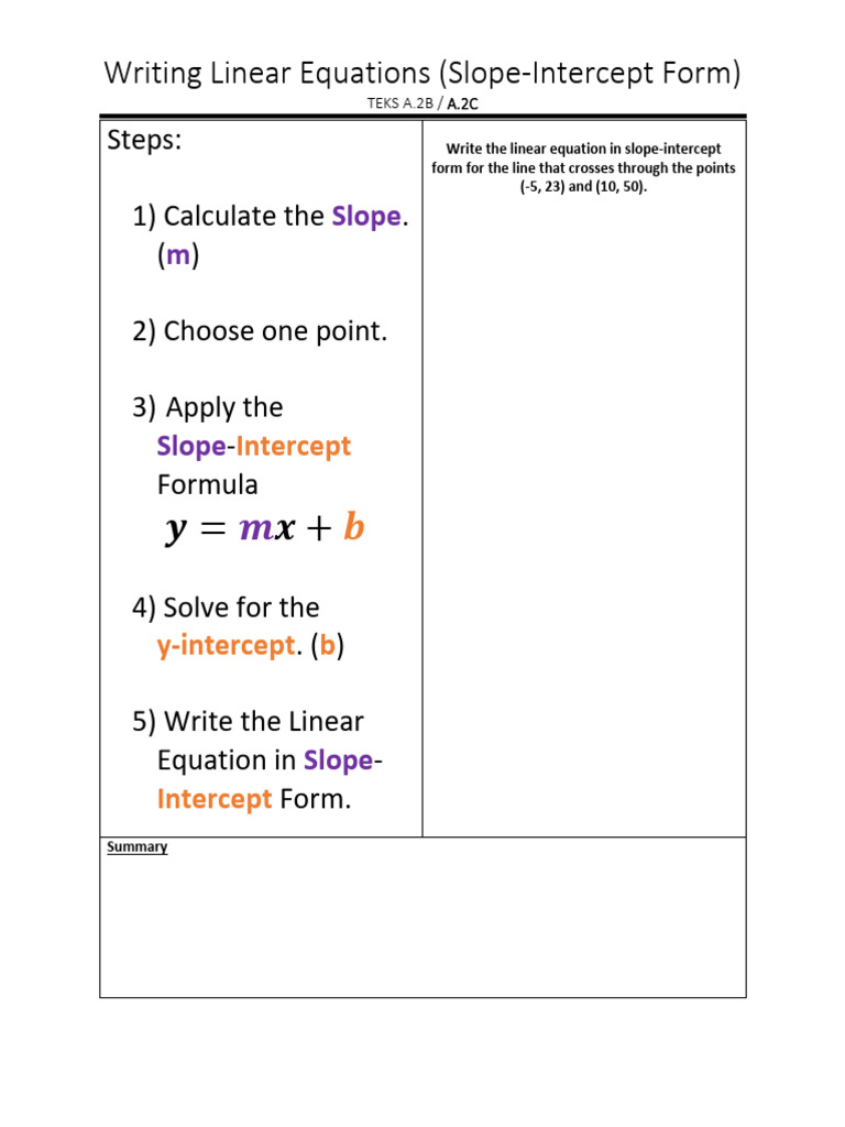 Writing Linear Equations - Slope-Intercept Form Review | PDF