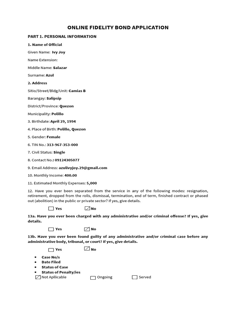 Online Fidelity Bond Application Form | PDF