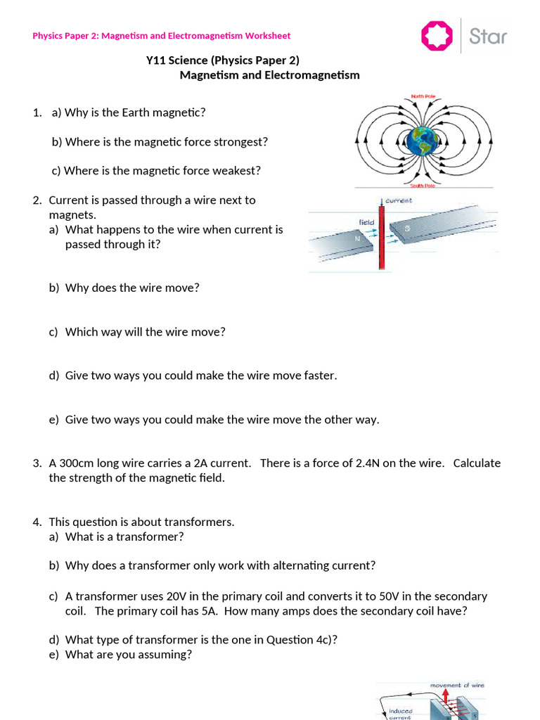 MAGNESTISM & ELECTROMAGNETISM FINAL WORKSHEET (JUNE 2023) - Answers ...