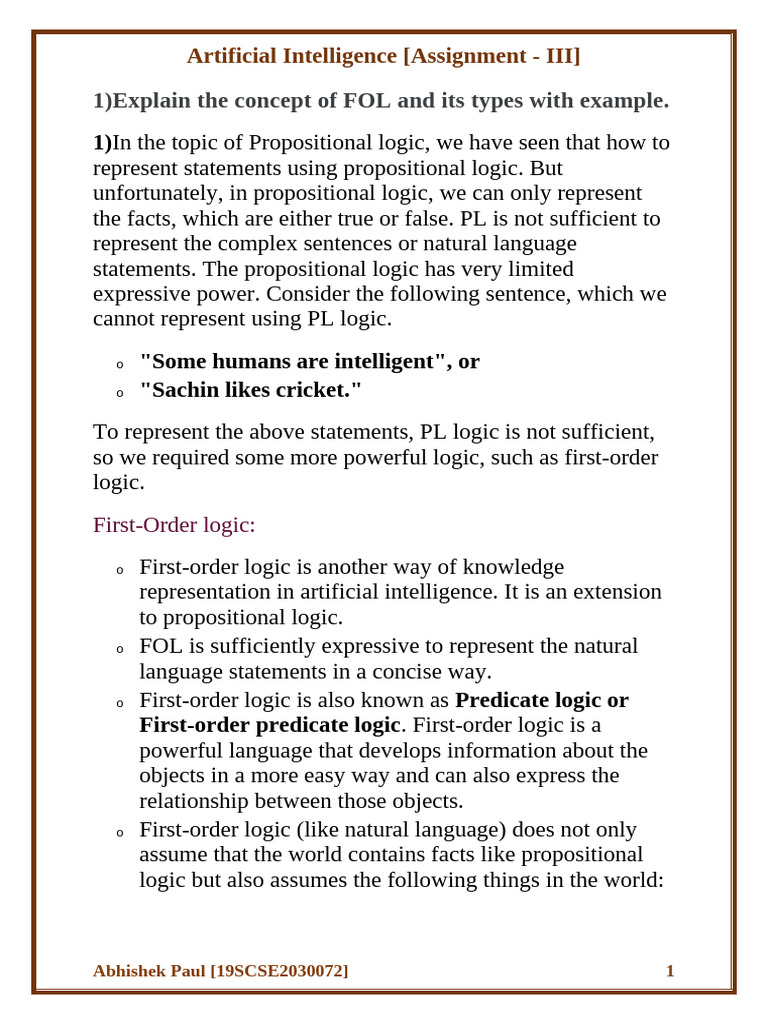 Artificial Intelligence Assignment 3 Abhishek Paul 19SCSE2030072 | PDF | First Order Logic | Logic