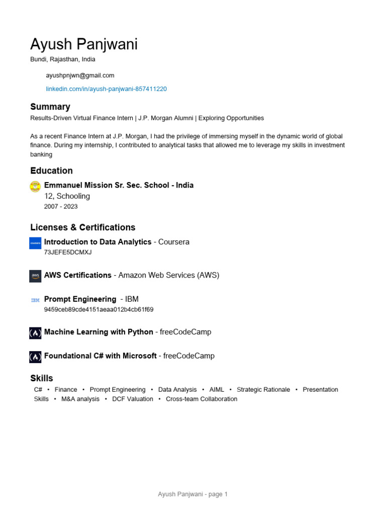 Resume Ayush Panjwani | PDF