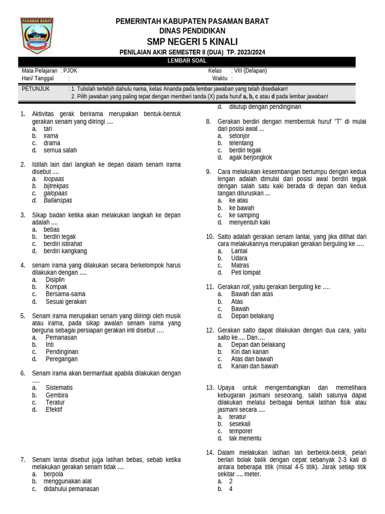 Soal Uas 2 Pjok KLS 8 2023-2024 Kurmer | PDF
