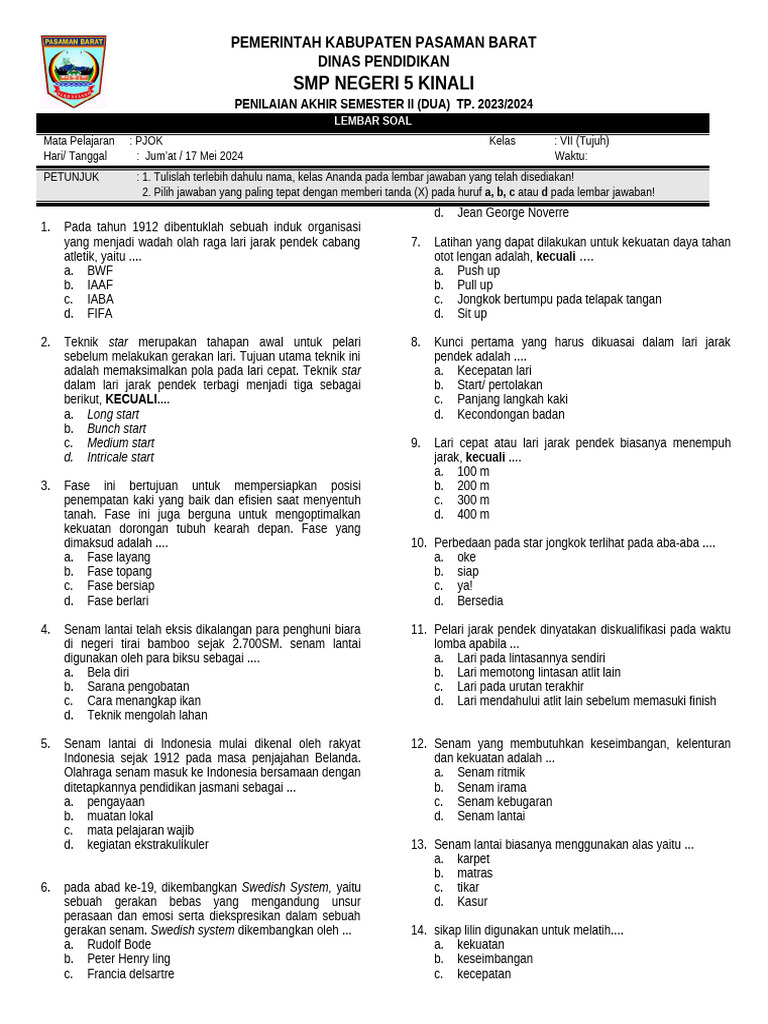 SOAL UAS 2 PJOK KLS 7 2023-2024 KURMER | PDF