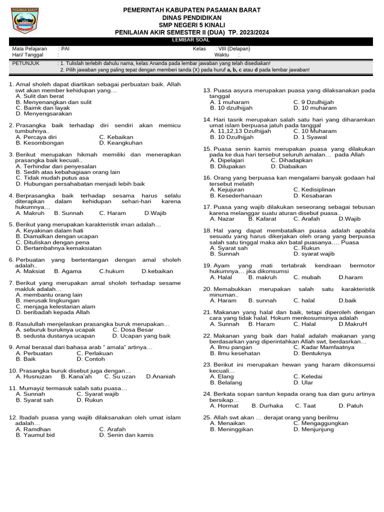 Soal Uas 2 Pai Kls 8 2023-2024 Kurmer | PDF