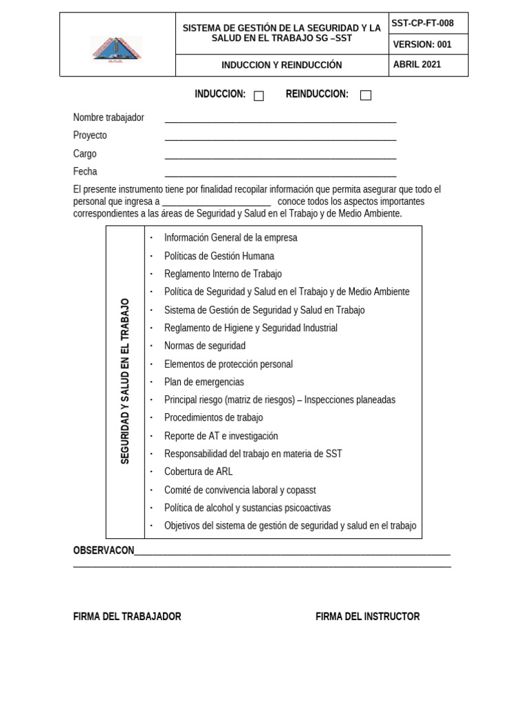 SST-CP-FT-008 Formato Induccion y Reinduccion | PDF