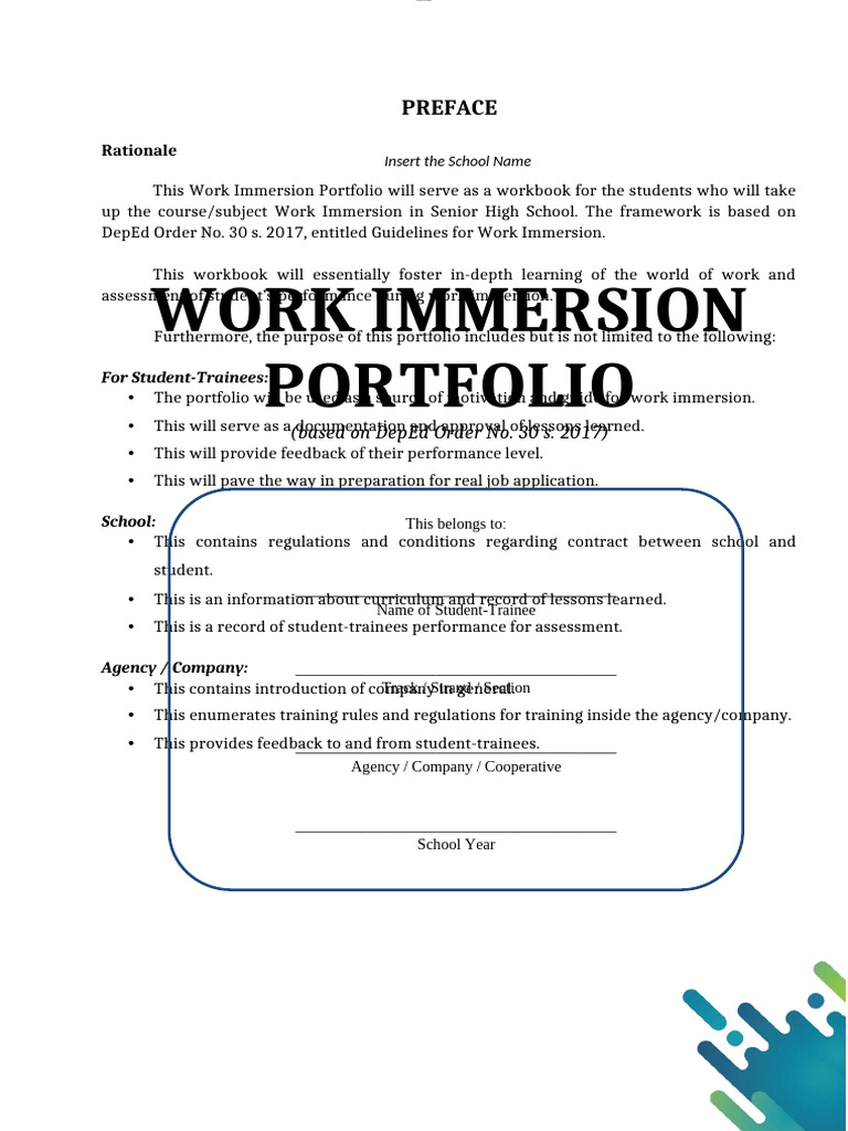 SHS Work Immersion Portfolio Guide | PDF | Job Interview | Leadership