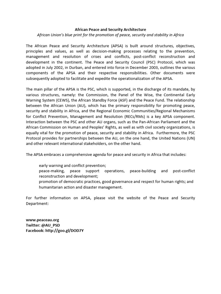 African Peace and Security Architecture Apsa Final | PDF