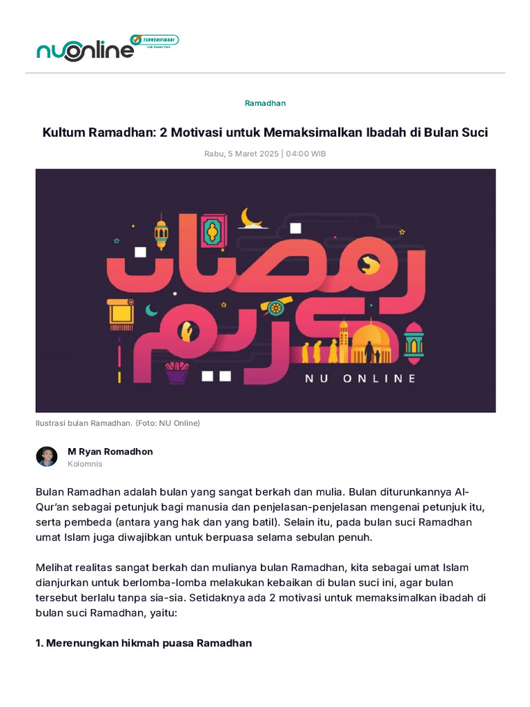Kultum Ramadhan - 2 Motivasi Untuk Memaksimalkan Ibadah Di Bulan Suci | PDF