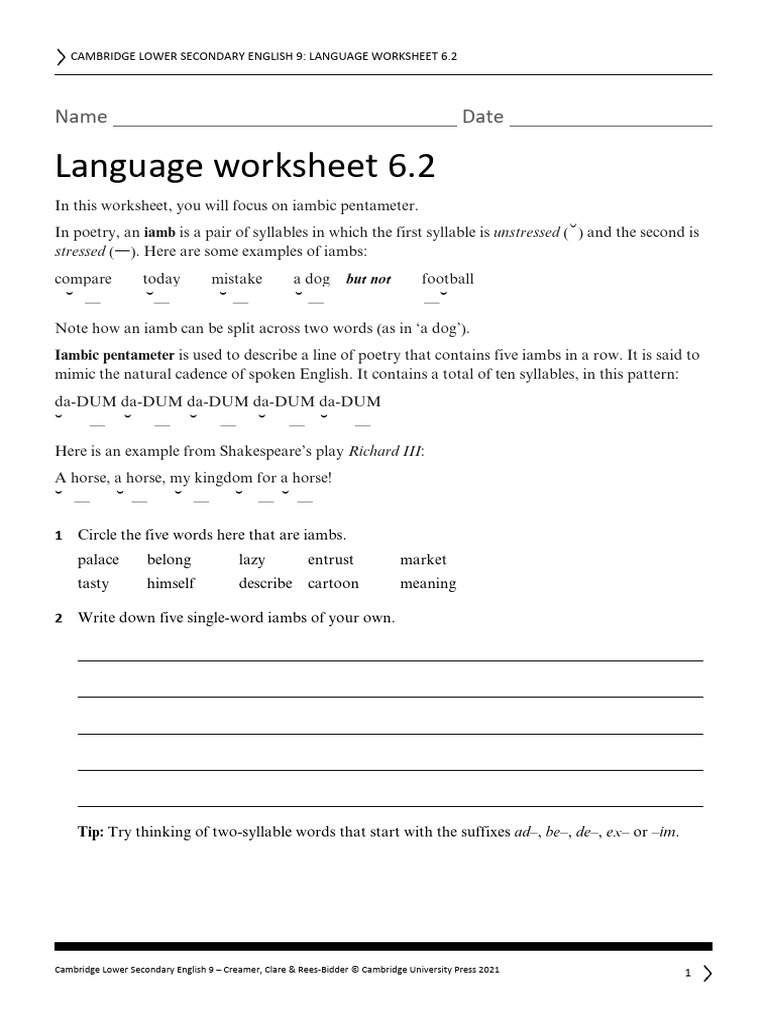 Iambic Pentameter Language Worksheet | PDF