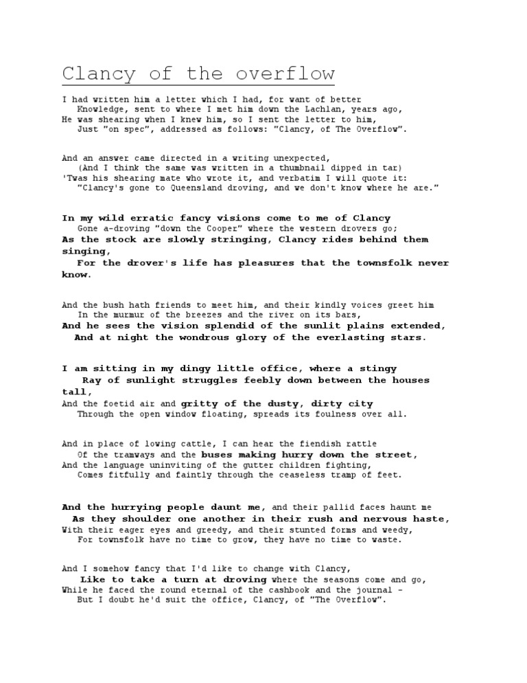 Clancy of The Overflow Poem Analysis | PDF | Classics