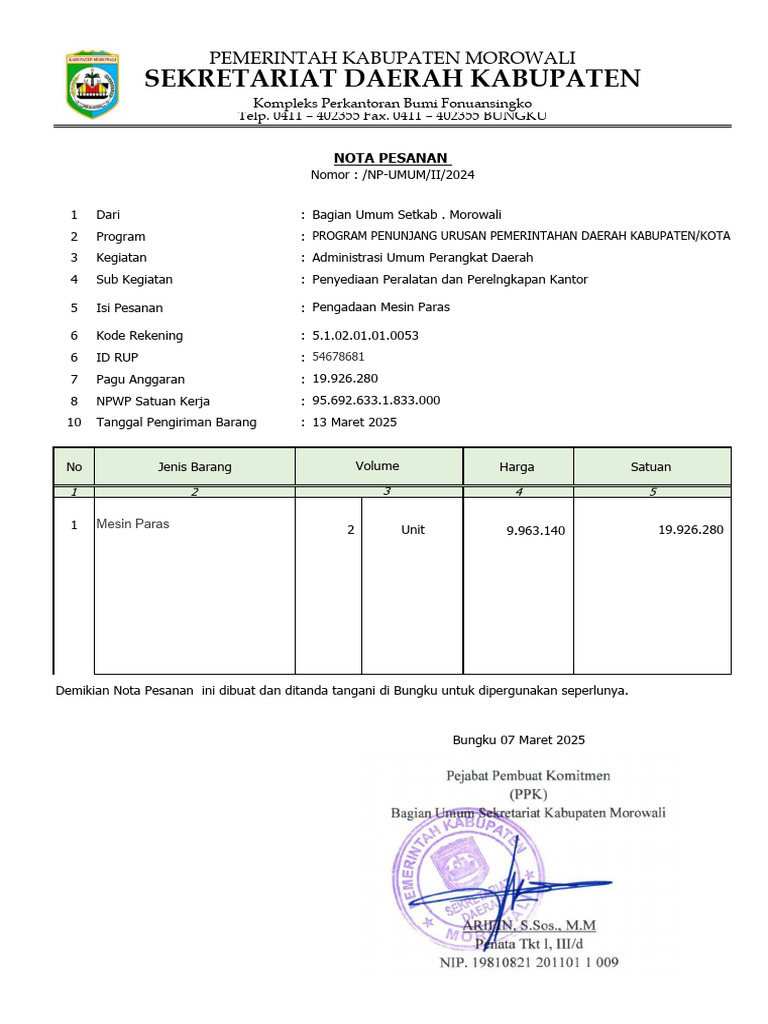 Nota Pesanan Mesin Paras | PDF