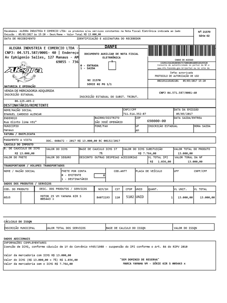 Nota Fisca 25 Yamaha PDF | PDF | Recibo