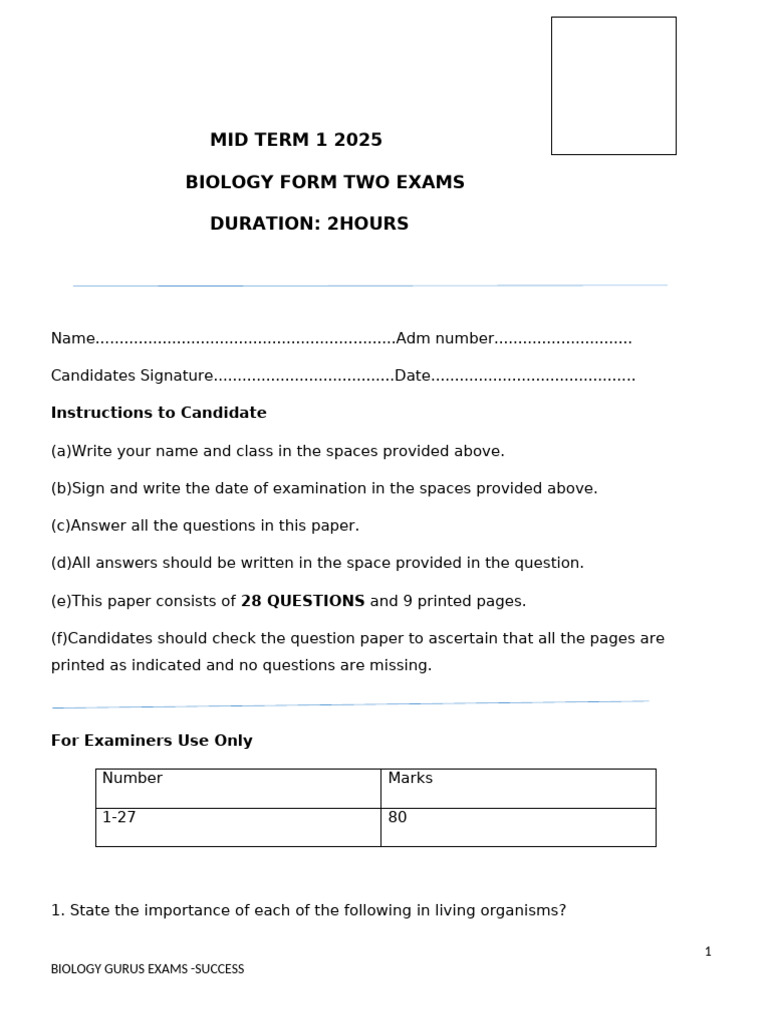 Form 2 Bio Mid Term 1 Exam | PDF | Leaf | Heart Valve