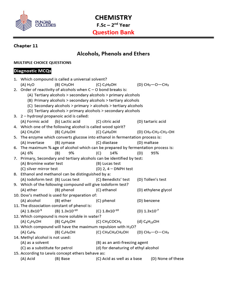 Chemistry 2nd Year Question Bank CH#11 | PDF | Ethanol | Ether