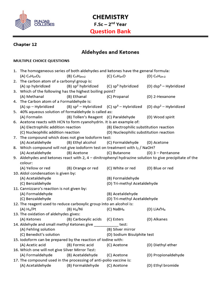 Chemistry 2nd Year Question Bank CH#12 | PDF | Aldehyde | Ketone