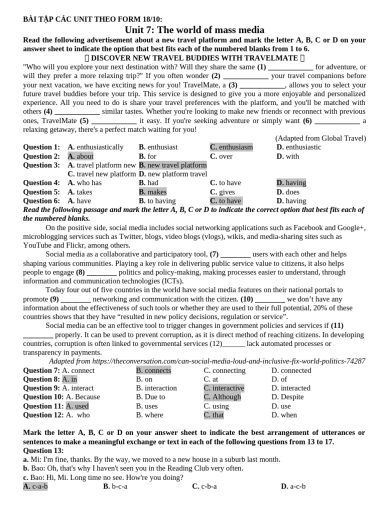 BT Unit 7 Anh 12 Global Success Form 2025 | PDF | Social Media | Popular Culture & Media Studies