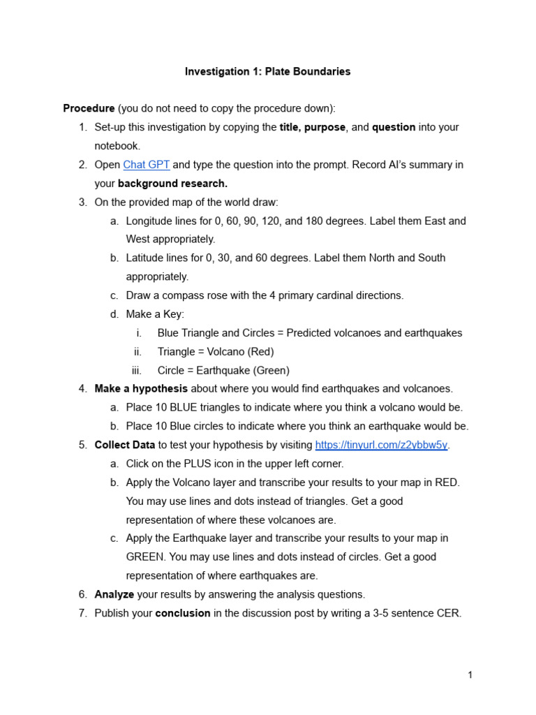 2.1+Investigation+1+Plate+Boundaries | PDF | Plate Tectonics | Earthquakes