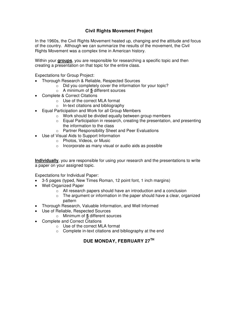 Civil Rights Movement Project: Individually, You Are Responsible For ...