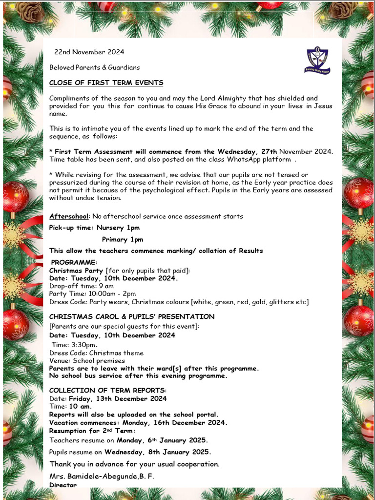 End of Term 1 Events and Schedule | PDF