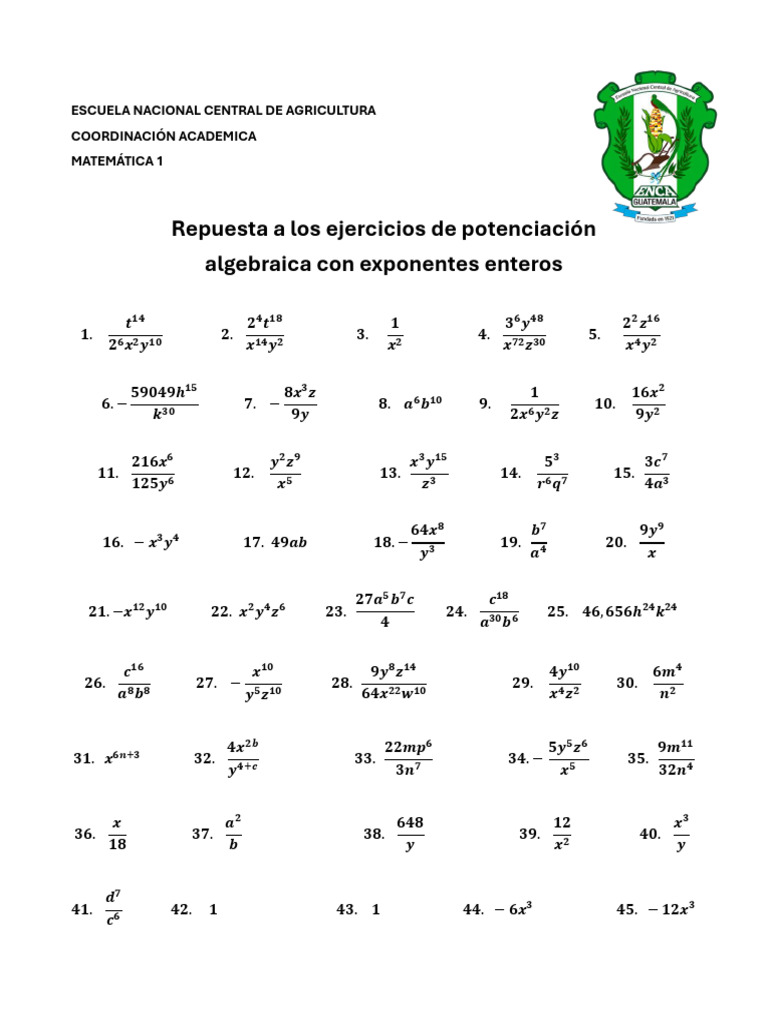 Repuesta A Los Ejercicios de Potenciación Algebraica Con Exponentes ...