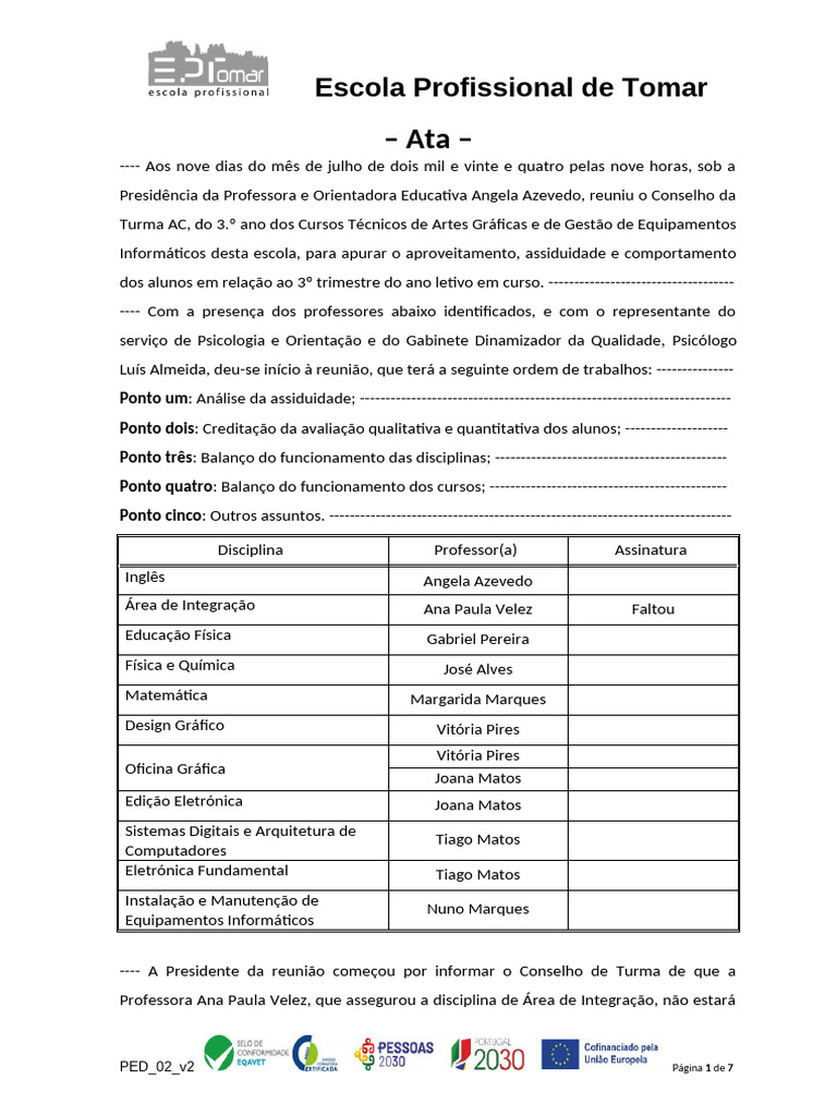 PED_02_v2 - Ata de Conselho de Turma 3ºP - 10.07.2024 - 3ºAC 2023-24 | PDF | Psicologia | Pedagogia