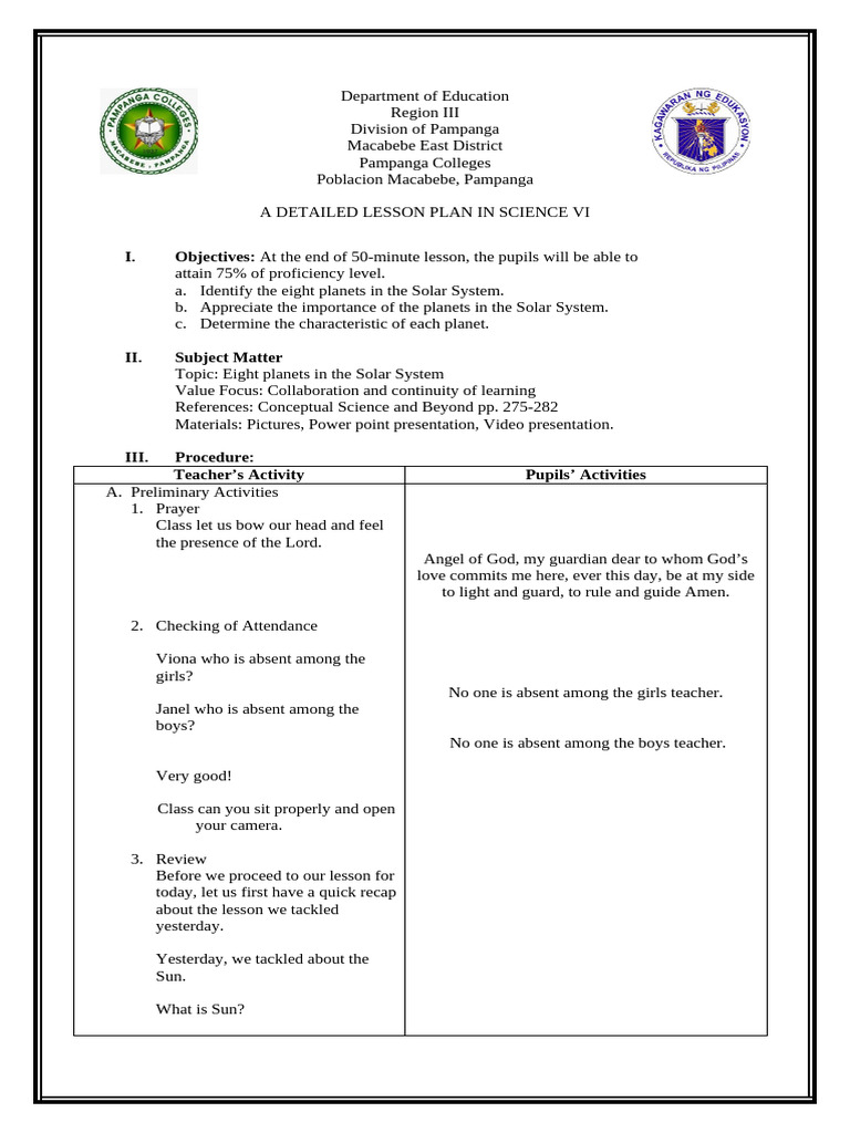 Science VI Lesson Plan: Solar System Planets | PDF | Planets | Solar System