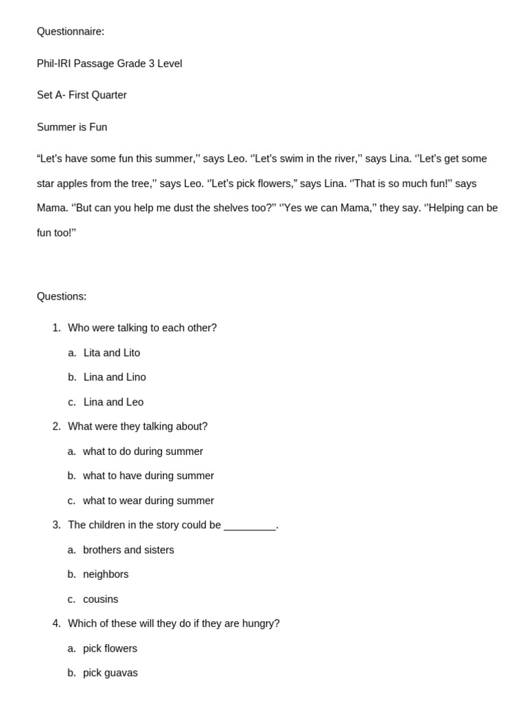 Questionnaire - Adapted From PHIL-IRI | PDF