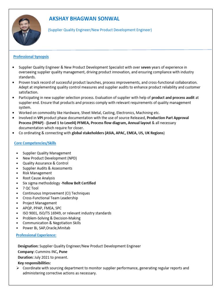 CV - Akshay Sonwal - SQE - NPD | PDF | Reliability Engineering | Quality Management