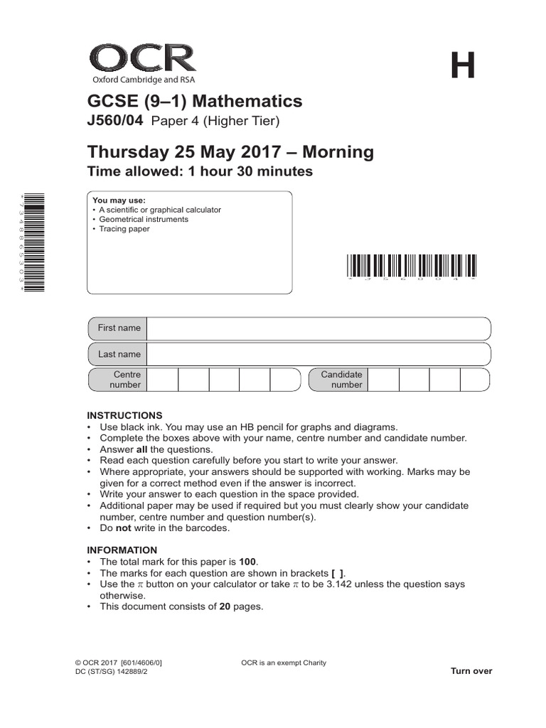 GCSE Higher Tier Maths Exam Instructions | PDF | Cartesian Coordinate ...