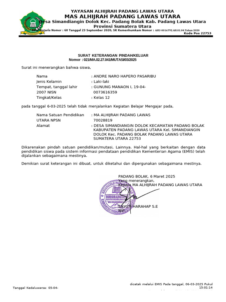 Mutasi Keluar - Surat Keterangan - ANDRE NARO HAPERO PASARIBU | PDF